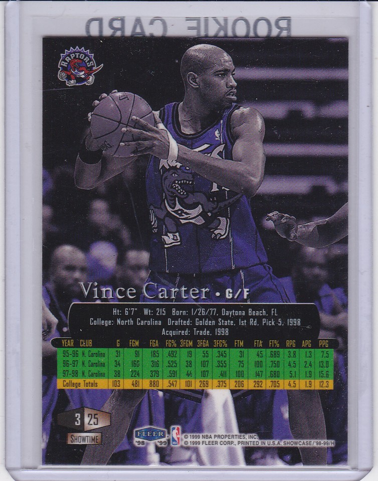 VINCE CARTER ROOKIE CARD 1998/99 Flair Showcase Basketball RC TORONTO ...