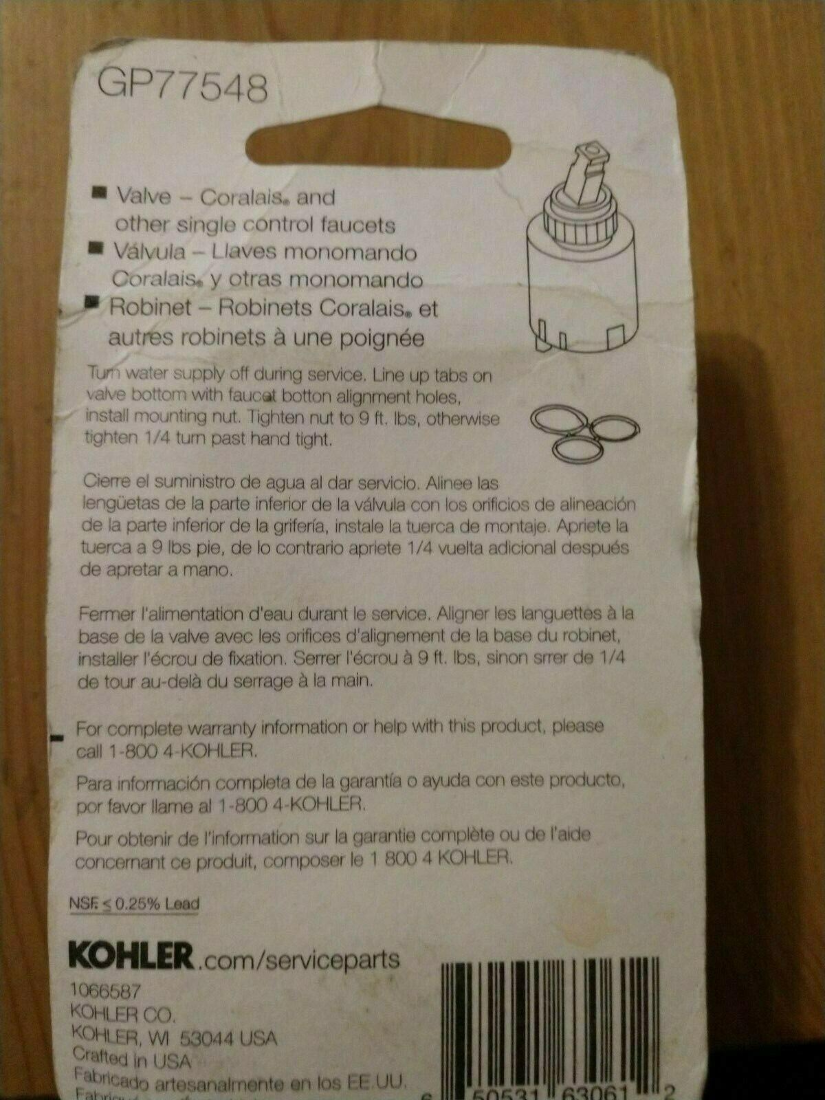 Kohler Coralais Valve Kit for Single Control Faucets GP77548 OEM ...