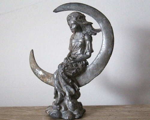 Pewter statue girl on a crescent moon long dress flowers vintage H 10 x ...