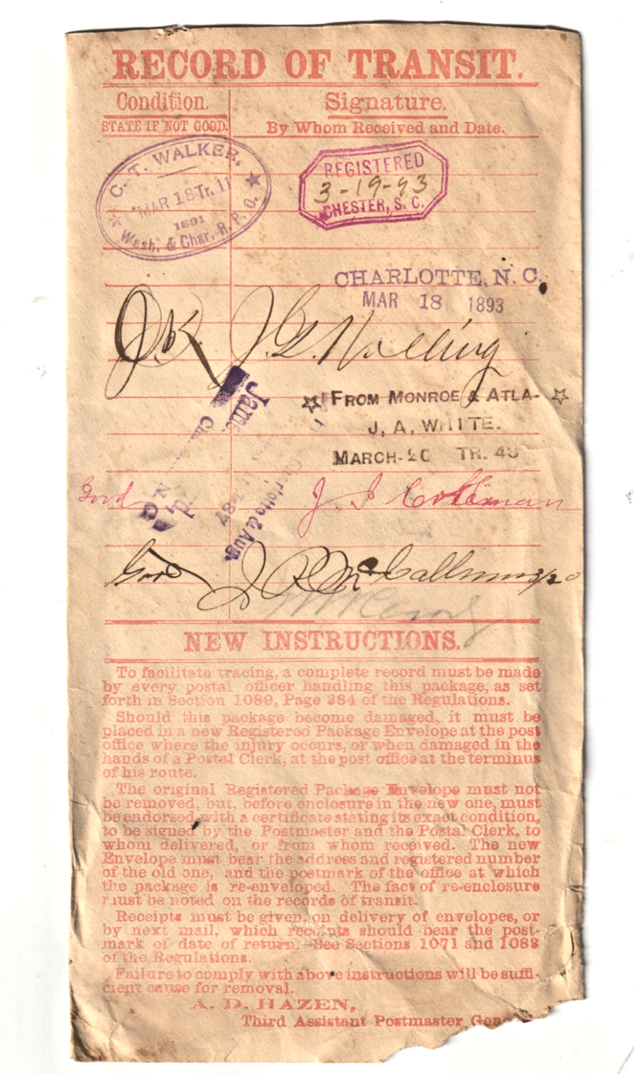 1893 RECORD OF TRANSIT USPOD REGISTERED PACKAGE Cover R.P.O + Transit ...