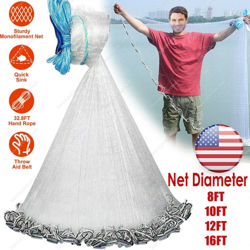 8/10/12/14/16FT Fishing Cast Net Bait Easy Throw Hand Cast Strong Nylon ...