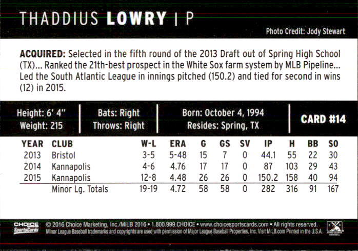 2016 Winston-Salem Dash Choice #14 Thaddius Lowry Spring Texas TX ...