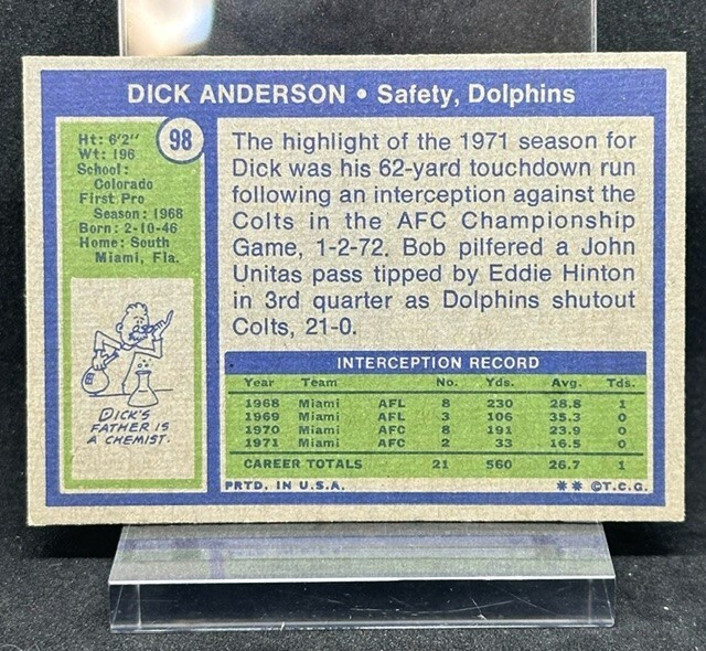 1972 Topps Football Dick Anderson Safety Miami Dolphins Card No# 98 | eBay