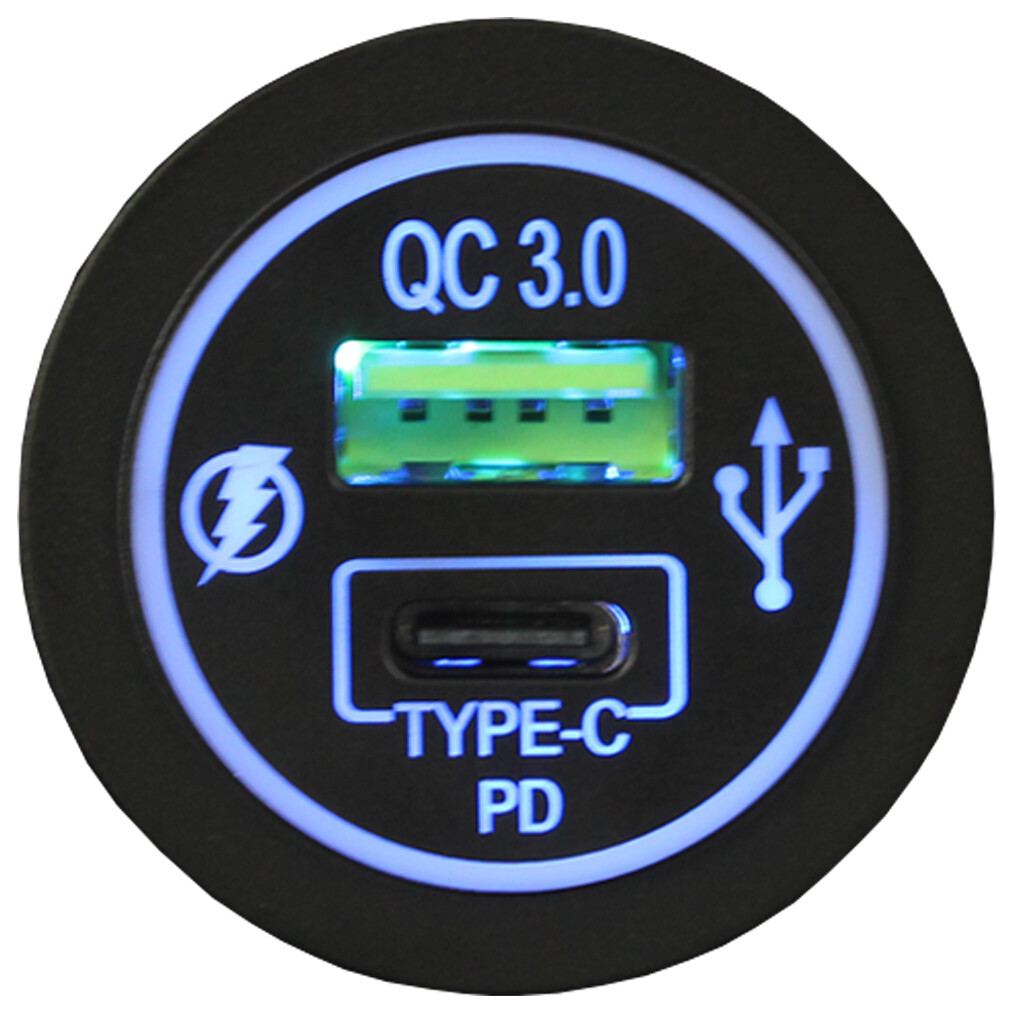 TYPE C + QC 3.0 USB - BLUE LED Flush Round Mount - 12v QC Outlet Power ...