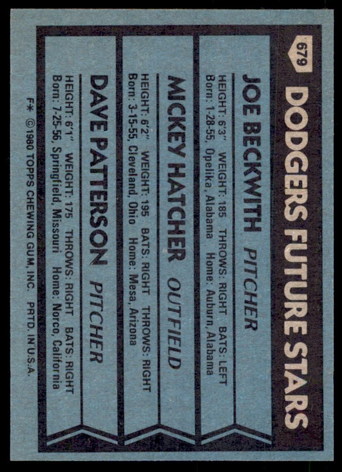 1980 Topps #679 Joe Beckwith RC/Mickey Hatcher RC/Dave Patterson RC ...