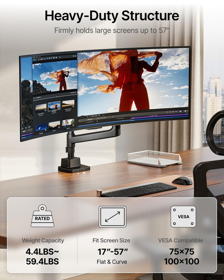 Heavy-Duty Single Monitor Arm for 17-57 inch, up to 59.4lbs Ultrawide ...