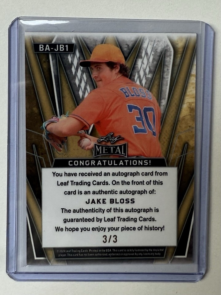 Jake Bloss RC 2024 Leaf Metal Prismatic RWB Auto 3/3 SSP Toronto Blue ...