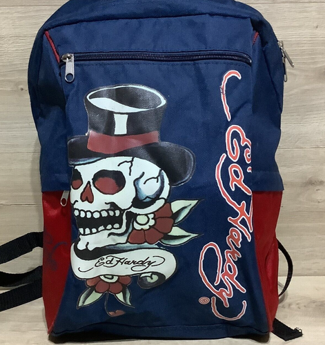 Don ED HARDY Skull Top Hat Unisex Zip Backpack w/ Carry Loop Blue Red 4 ...