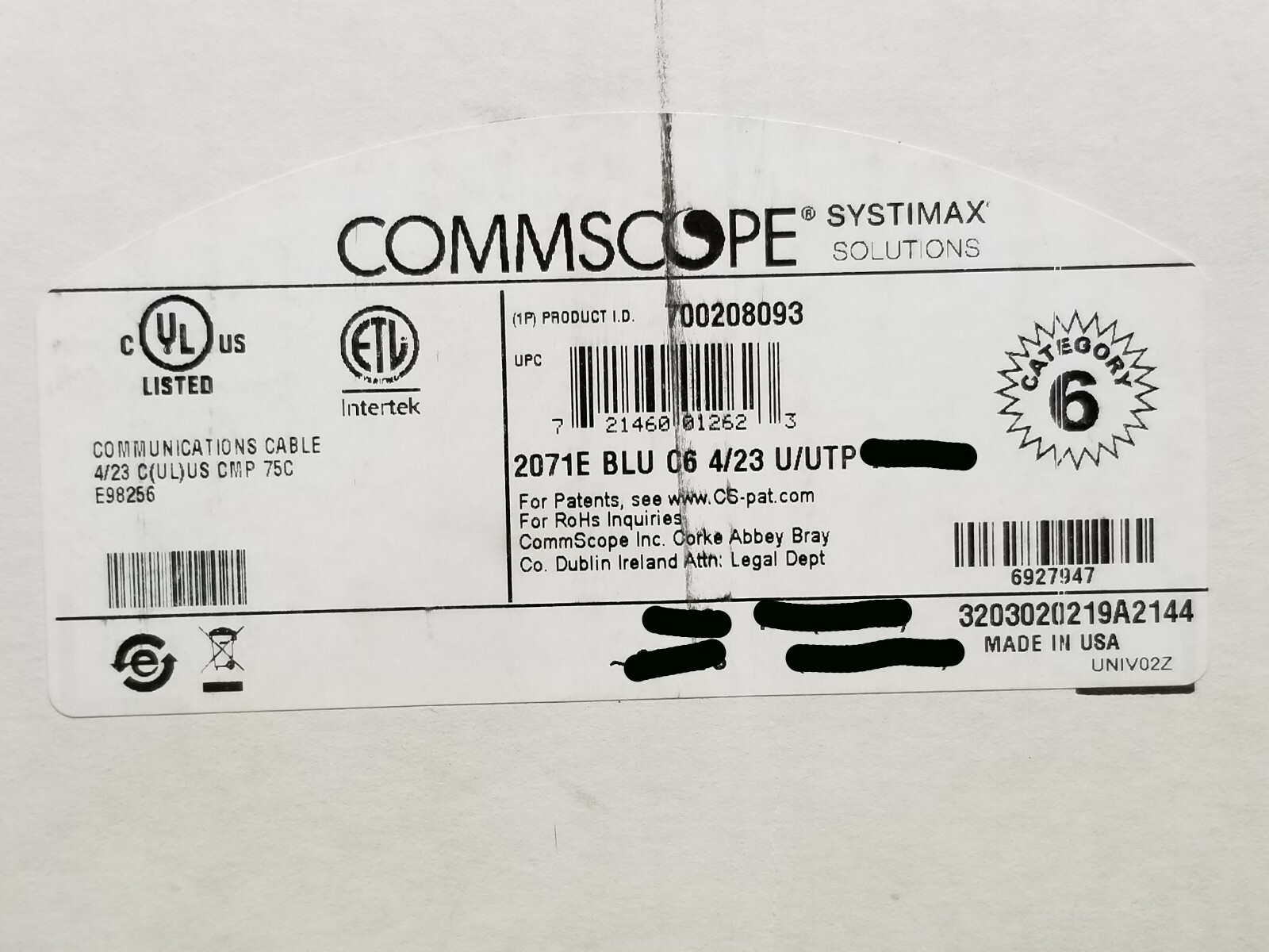 Commscope 2071E 23/4P Cat6 Gigaspeed XL U/UTP Plenum Network Cable Blue ...