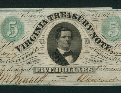$5 1862 Virginia Treasury Note - Richmond Obsolete Banknote ** PAPER ...