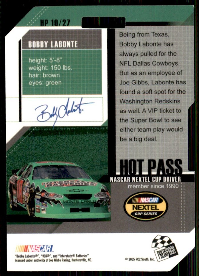 Bobby Labonte 2005 Press Pass Trackside Hot Pass #HP10 NASCAR Insert | eBay
