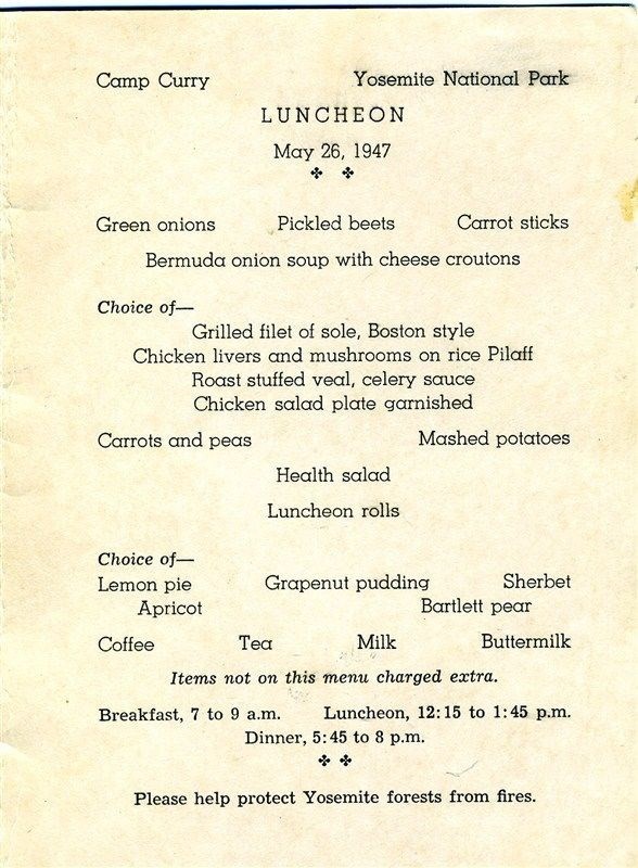 Camp Curry Menu Yosemite National Park 1947 Bridal Veil Falls | eBay