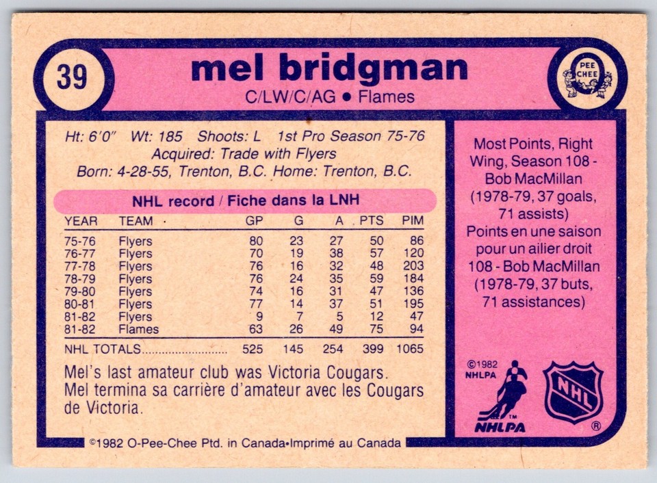 MEL BRIDGMAN 1982-83 O-PEE-CHEE 82-83 NO 39 NRMINT+ 38232 | eBay