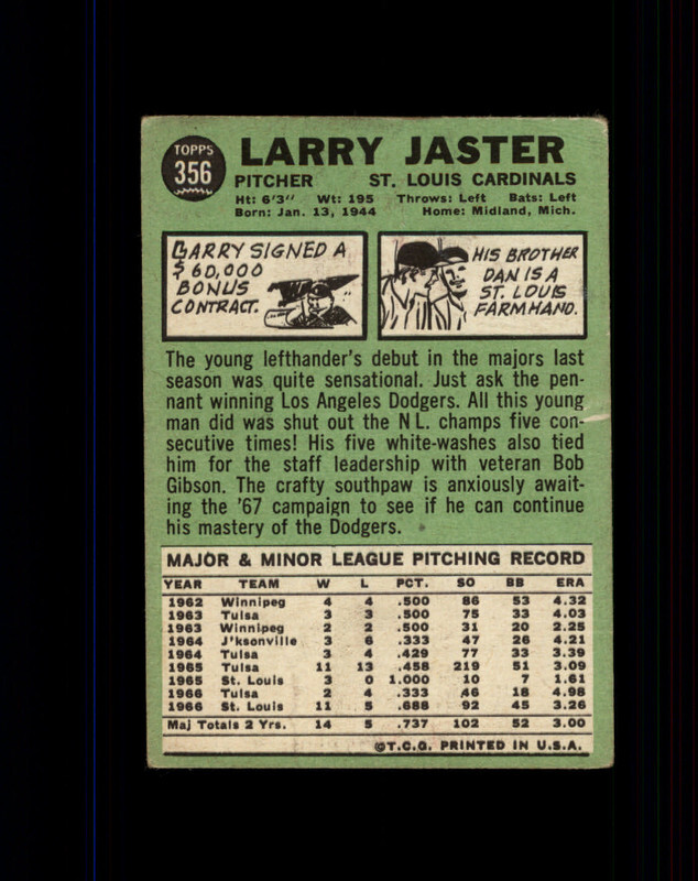 Larry Jaster Signed 1967 Topps #356 IPA IN PERSON AUTOGRAPH (CREASED ...