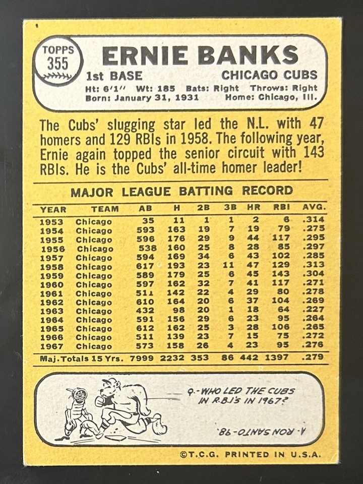 1968 Topps Set-Break #355 Ernie Banks Baseball Card Nice Condition | eBay