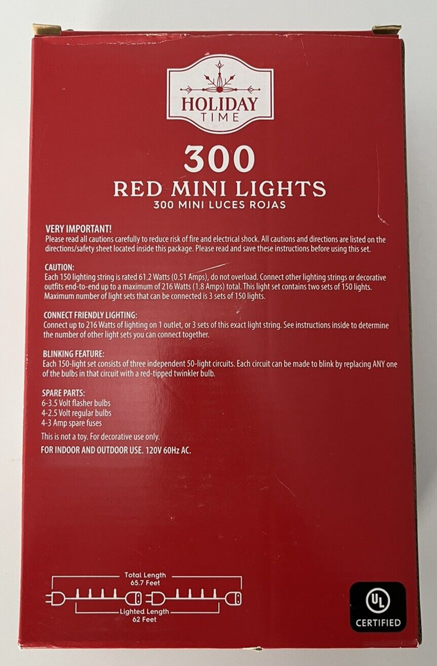 Holiday Time 300 Red Mini Lights White Wire 65 Feet Indoor / Outdoor ...