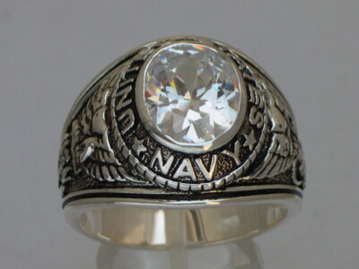 Navy United Stated Military 925 Sterling Silver April Clear Men's Ring ...