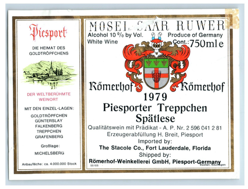 Vintage Romerhof Piesporter Treppchen Spatlese German Wine Label ...