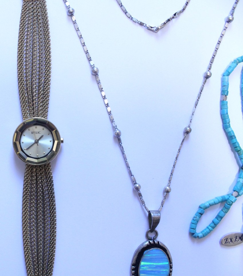 Sterling Silver, Fire Opal, ExEx Turquoise Necklace Lot w/ Relic Watch ...