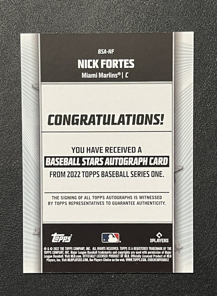 2022 Topps Series One Baseball Stars Nick Fortes Rookie BSA-NF ...