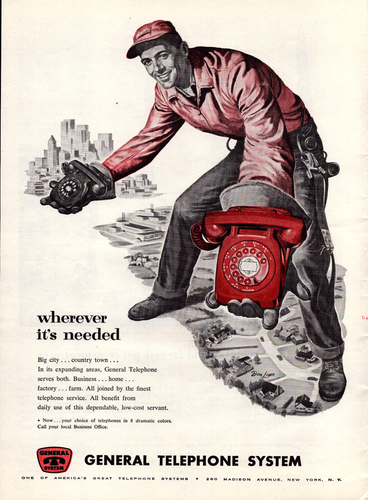 General Telephone System Man Holding Red Rotary Phone Vintage Print Ad ...