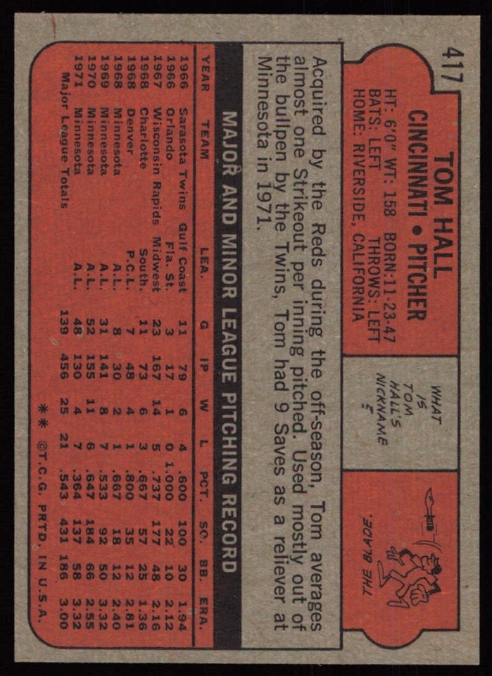 1972 Topps Tom Hall Cincinnati Reds #417 | eBay