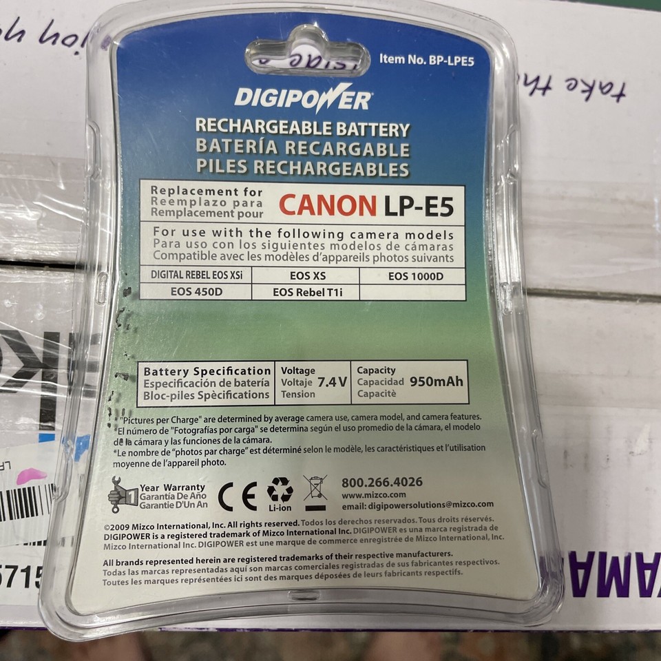 Digipower Rechargeable Battery for Canon LP-E5 7.4V 950mAh NEW ...