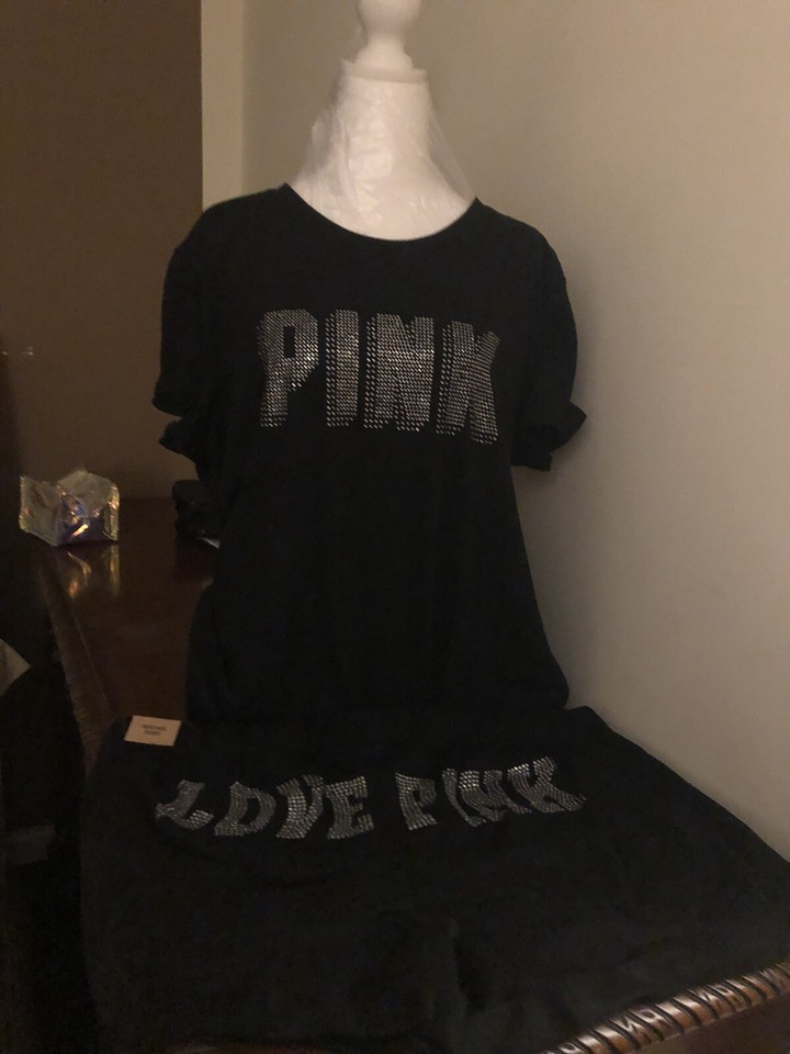 Victoria's Secret Pink Bling Rhinestone Tee Shirt + Shorts Set Black ...