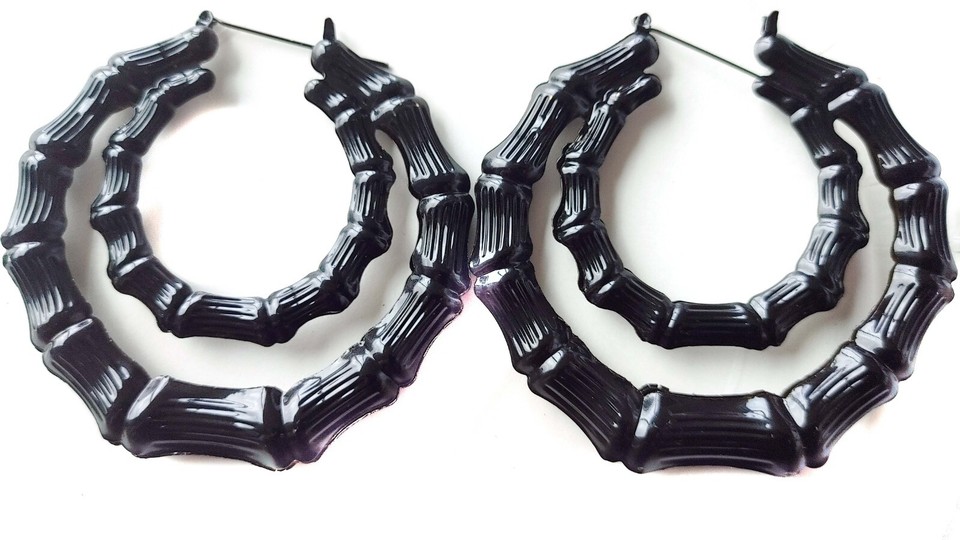 BLACK HOOPS BAMBOO HOOP EARRINGS LARGE DOUBLE HOOPS 3.5 INCH | eBay