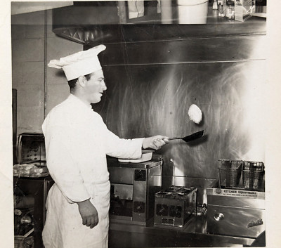1957 Snapshot Photo Chef In Kitchen Flipping Food In Frying Pan | eBay