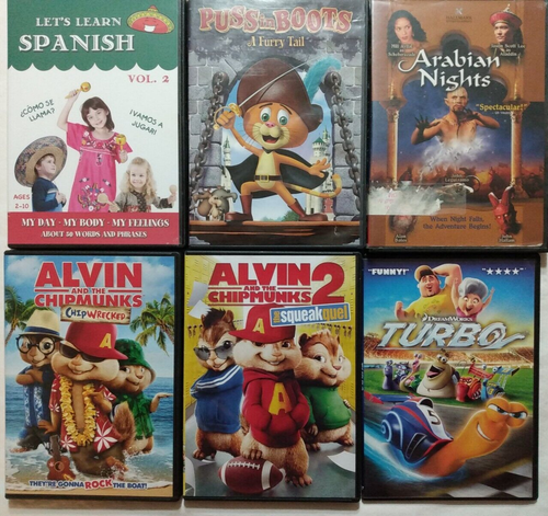 6 DVD Children Learn Spanish Animated Puss in Boots Alvin Turbo Arabian ...