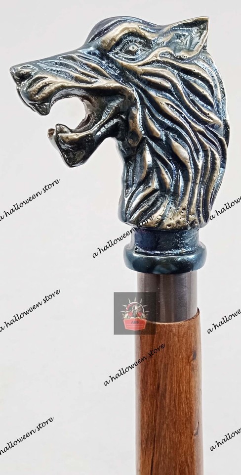 Handmade Brass Antique Wolf Head Handle with 3 Fold Brown Wooden ...