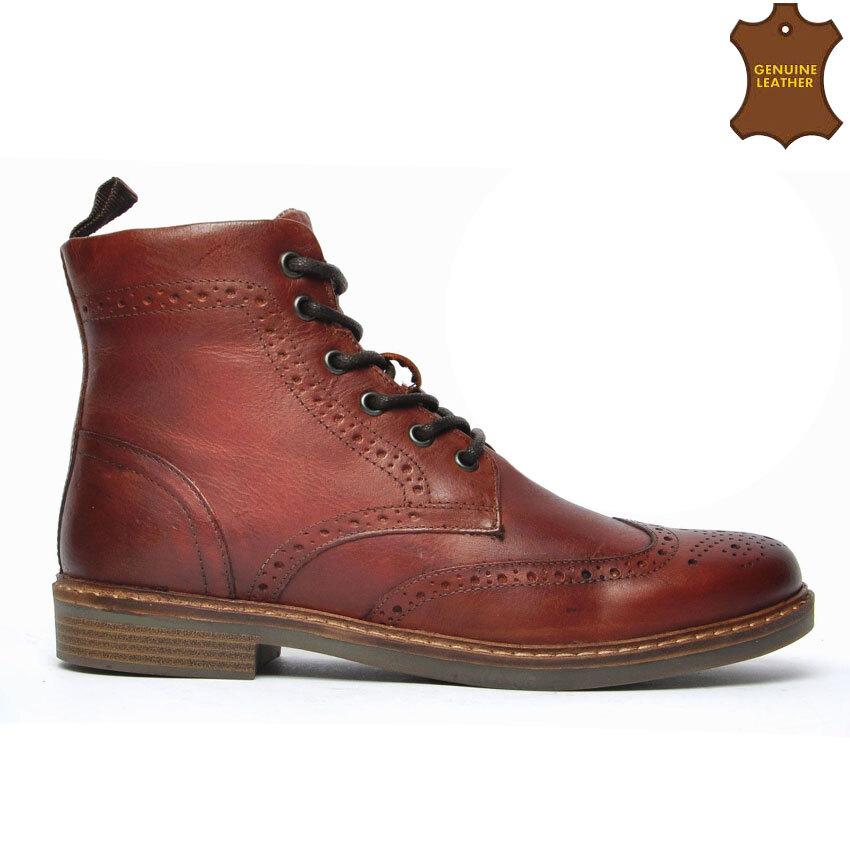 Mens Leather Boots Brogue Smart Formal Combat Lace New Army Ankle Boots ...