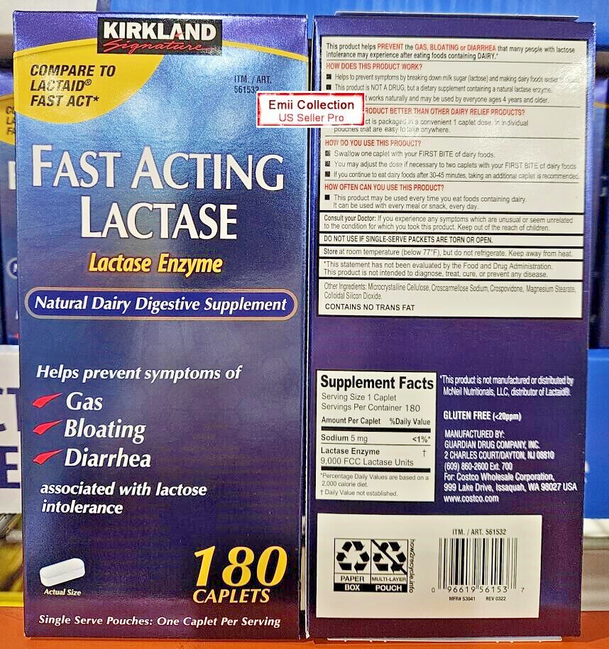 Kirkland Signature Fast Acting Lactase Enzyme Dairy Digestive 180 Caps ...