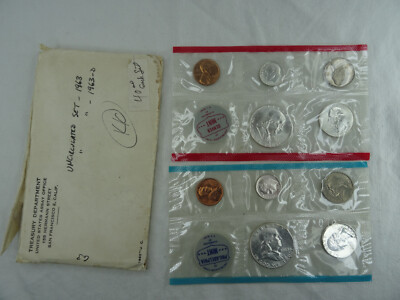 1963 US Mint Set Uncirculated 10 Coin Set P&D OGP 90% Silver Franklin ...