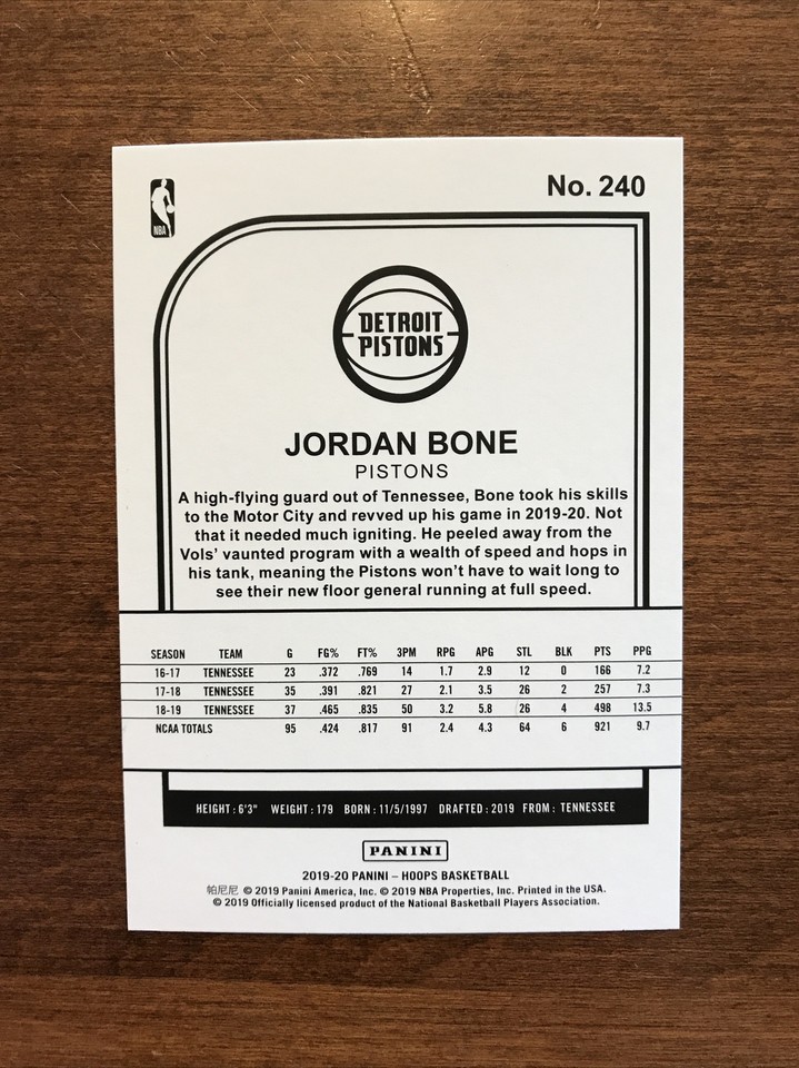 Jordan Bone 2019-20 NBA Hoops Rookie #240 Detroit Pistons RC | eBay