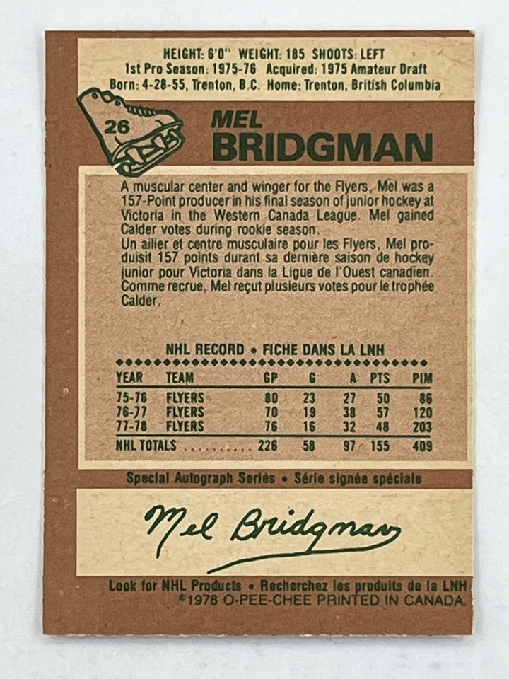 Mel Bridgman 1978-79 O-Pee-Chee #26 Sports NHL Philadelphia Flyers ...