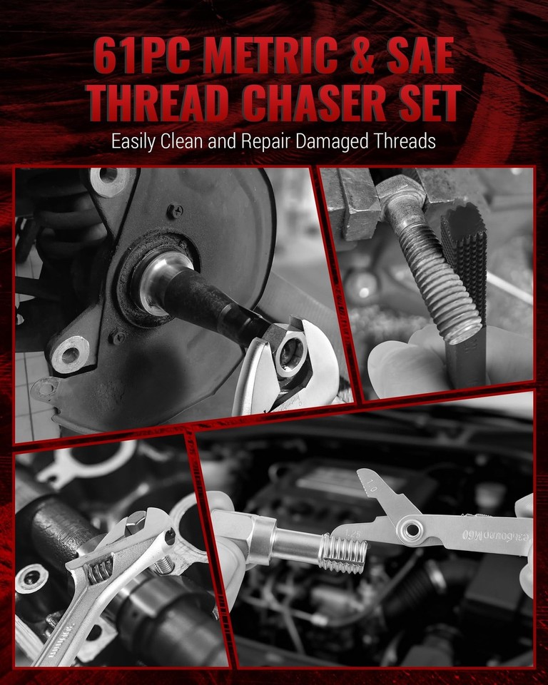61 PC Thread Chaser Set, Metric and SAE Thread Restorer Tool with 28 ...