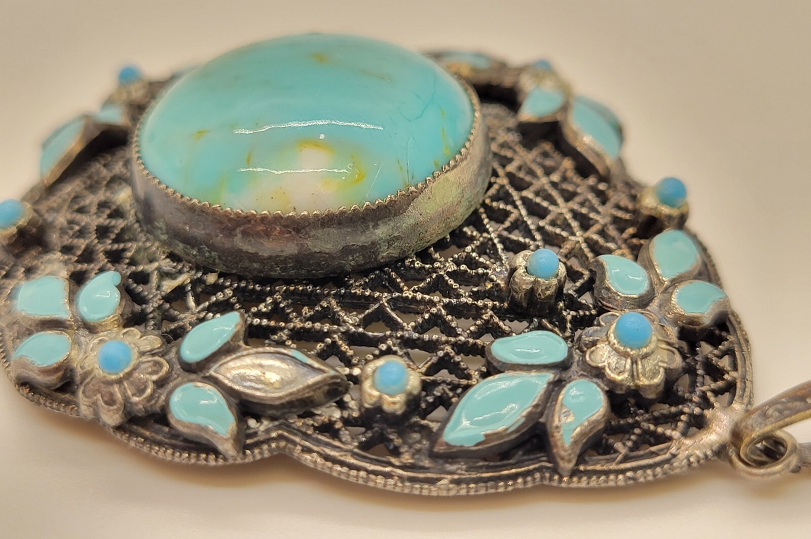 Vintage Turquoise Pendant Filigree Silver Ornate Vintage Large Teardrop ...