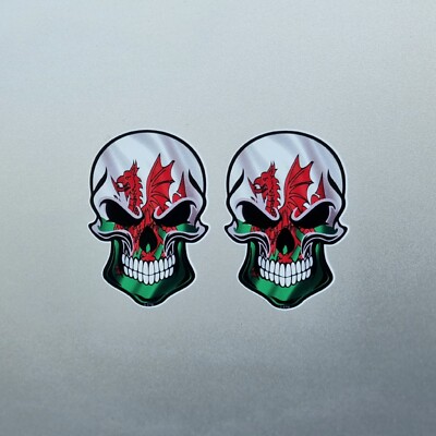 2x Small Welsh Cymru Flag Biker Skull Vinyl Sticker Decals For Car Van ...