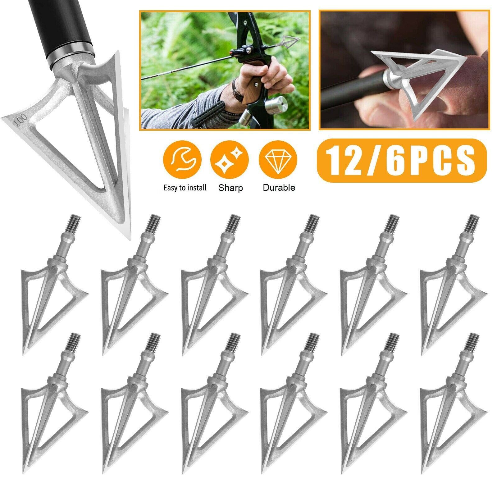 12/6x Archery Broadheads 3 Blade 100 Grain Compound Bow Hunting ...