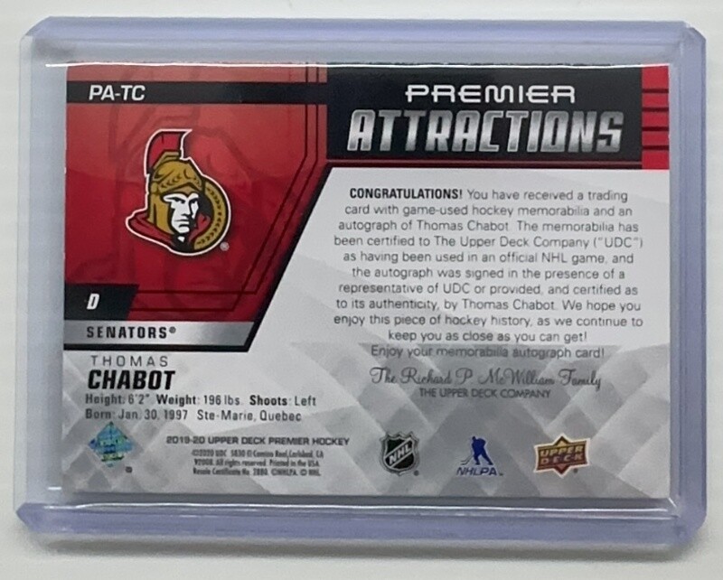 2019-20 Upper Deck Premier Thomas Cabot Attractions Game Used Patch ...