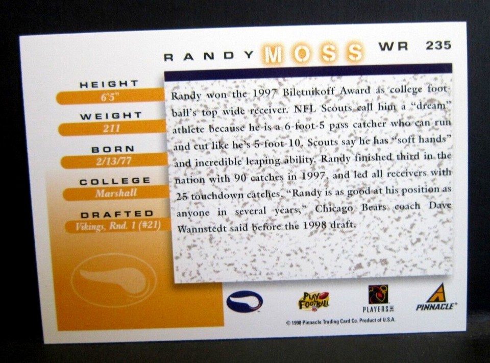 Randy Moss RC 1998 Panini Score ROOKIE Card#235!Vikings WR RC GOAT HOF ...
