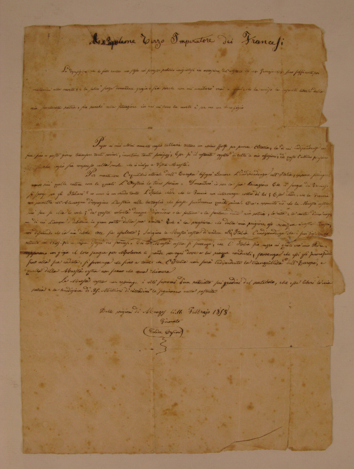 RARE 1858 PRISON EXECUTION LETTER REVOLUTION ORSINI THE ASSASIN TO ...