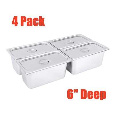 4 Pack 6" Deep Stainless Steel Steam Table Pans Hotel Food Prep Pan ...