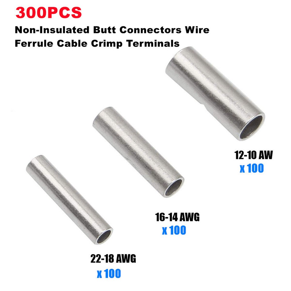 300 Uninsulated Butt Connectors Wire Terminals ALL SIZES 22-10 Gauge ...