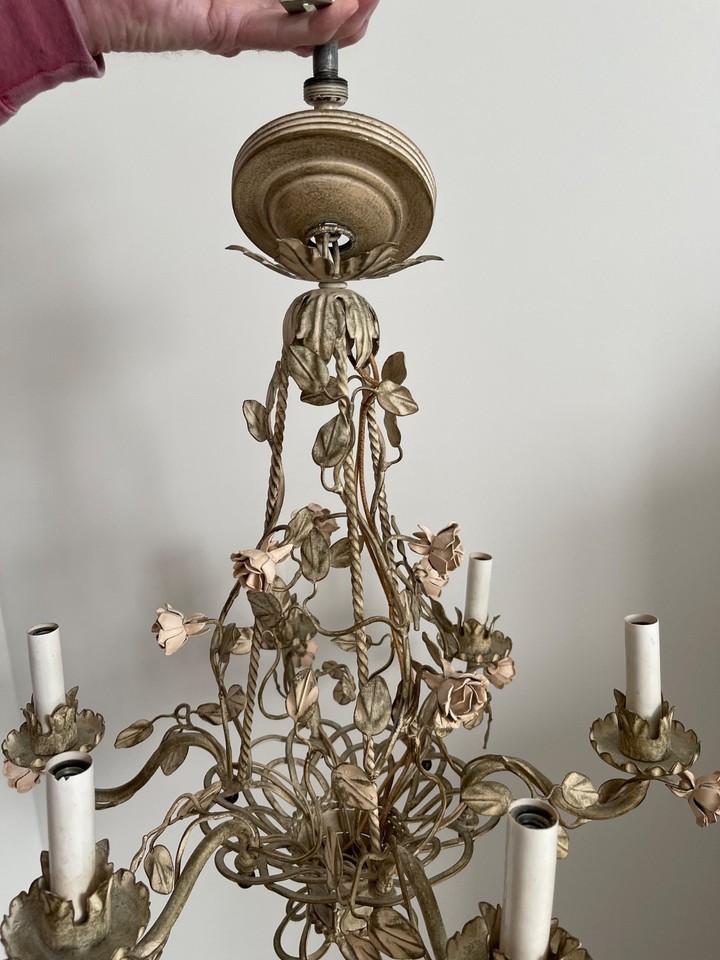 Vintage Metal Basket Chandelier with Capodimonte porcelain flowers | eBay