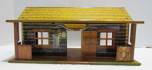 MARX PLAYSET VINTAGE TIN LITHO BAR M RANCH WESTERN LOG CABIN 1950's ...