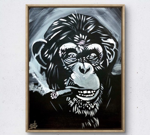 WS original smoking ape painting 14X11 canvas acrylic abstract modern ...