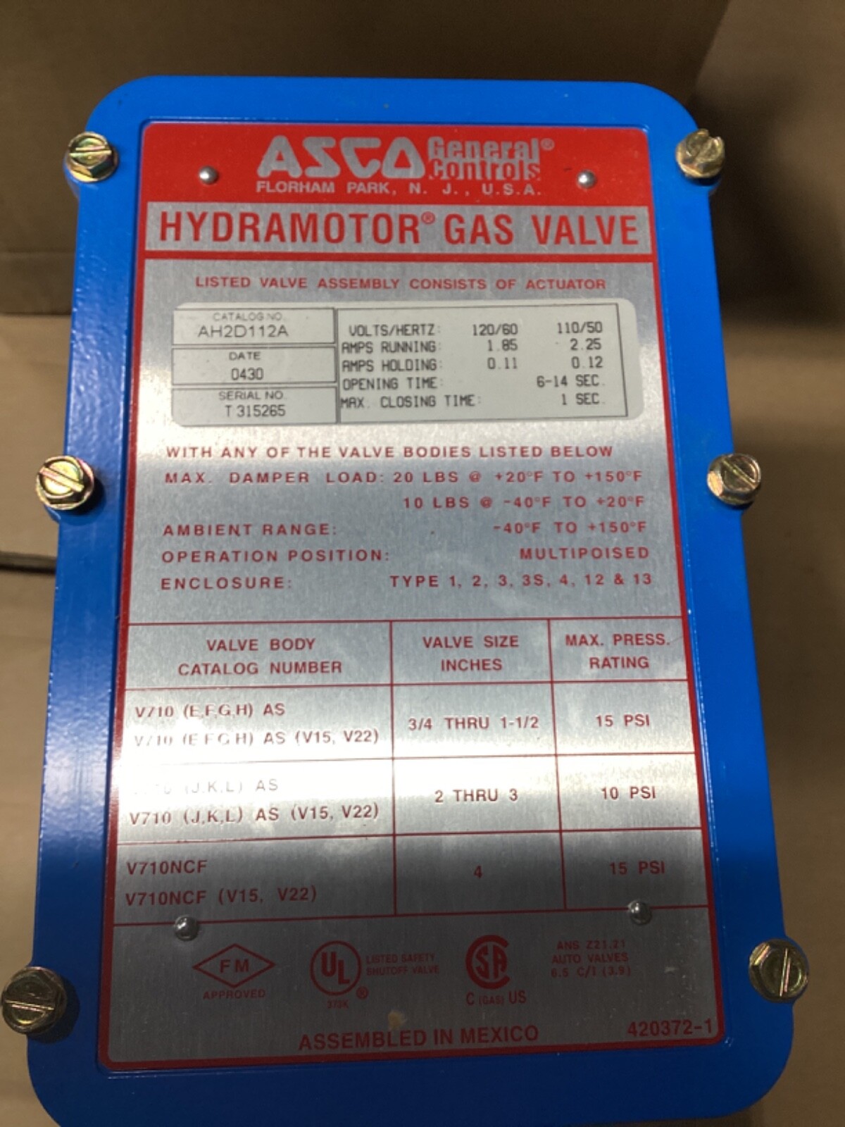 ASCO AH2D112A Hydramotor Gas Valve Actuator Replacement Part B308884 ...